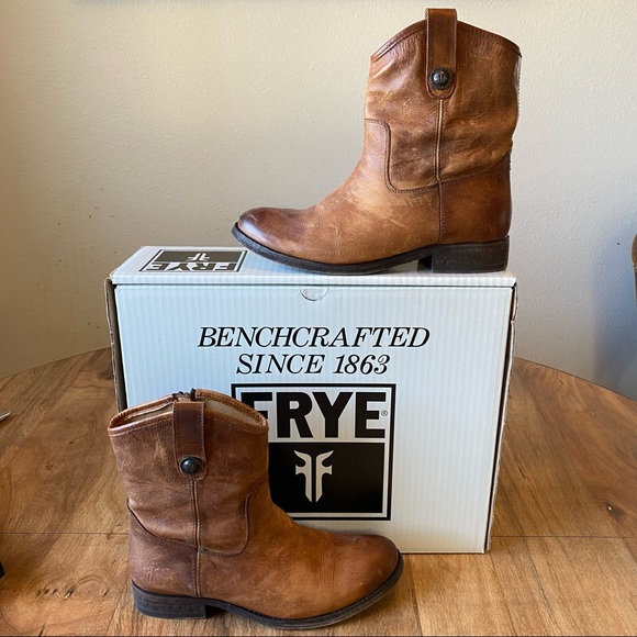 Frye | Shoes | Frye Melissa Button Short Cognac Distressed Leather ...